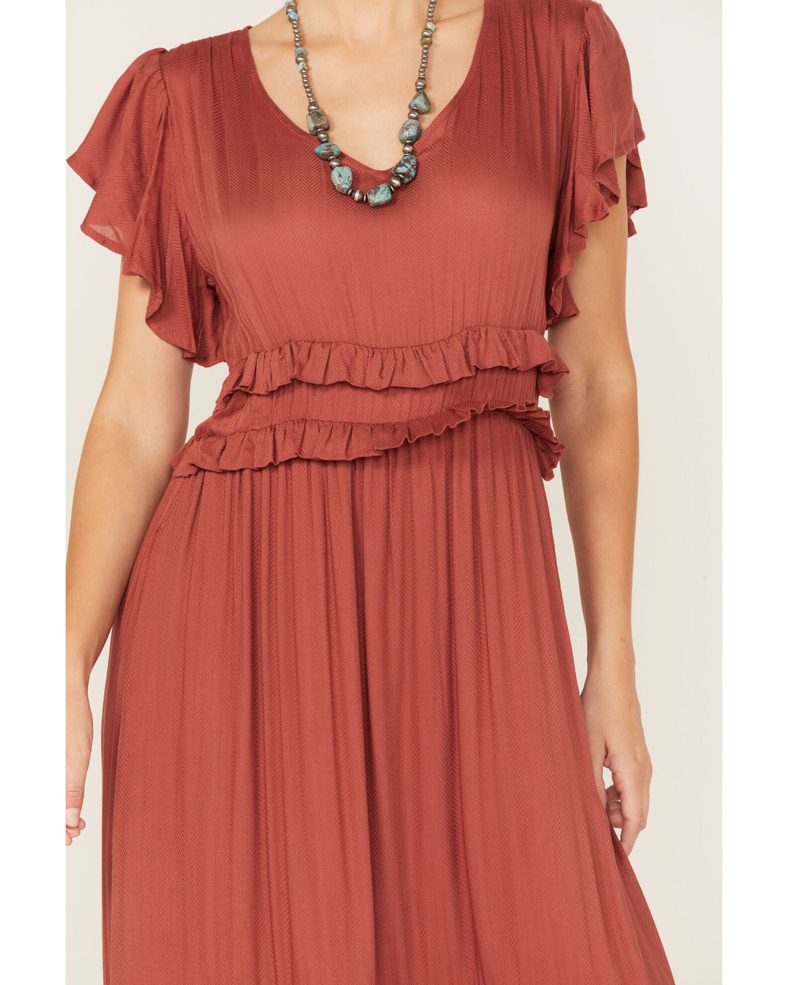 Stetson Women's Flutter Sleeve Ruffle Tier Midi Dress, Rust Copper
