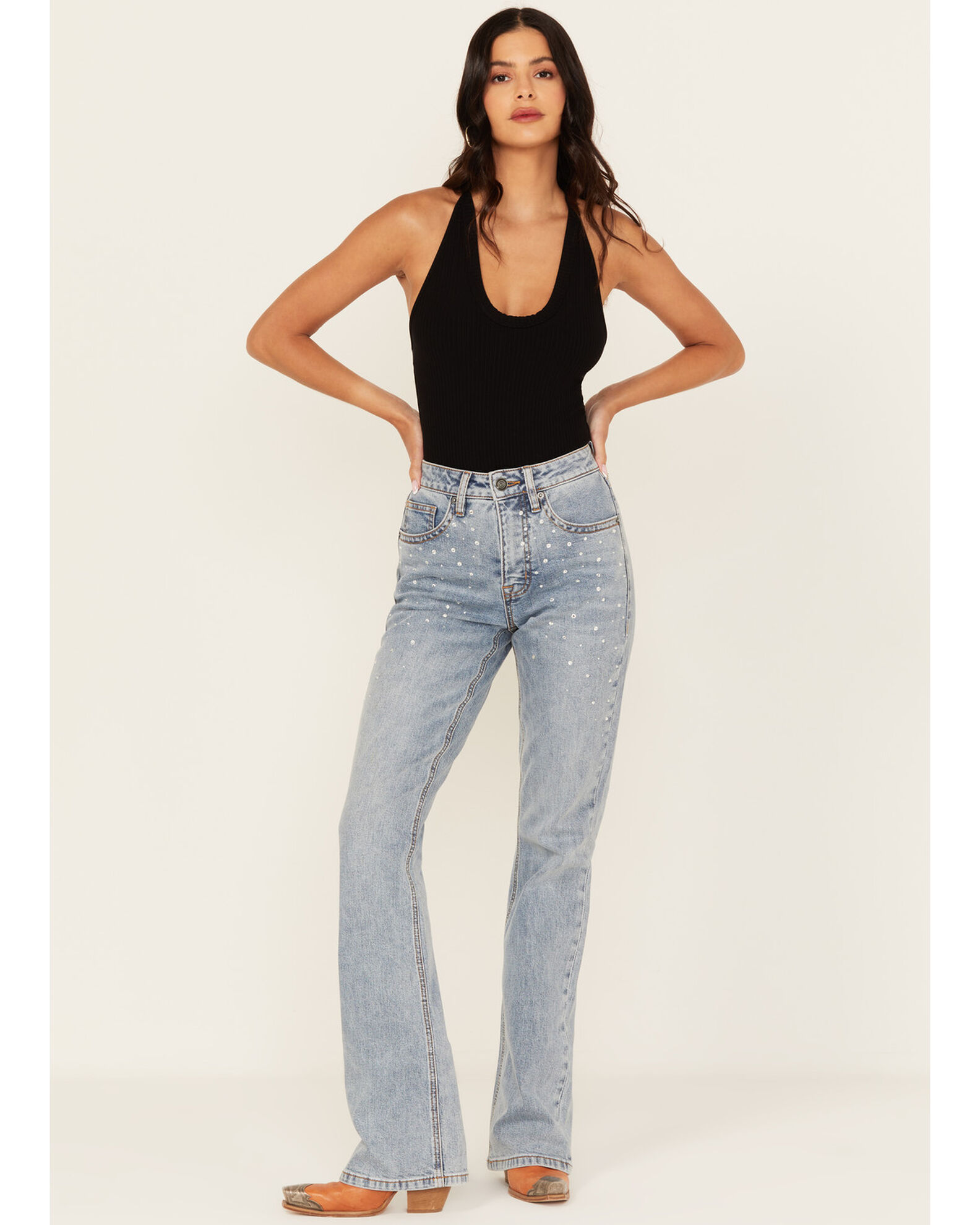 Rock & Roll Denim Women's Light Wash High Rise Rhinestone Studded ...