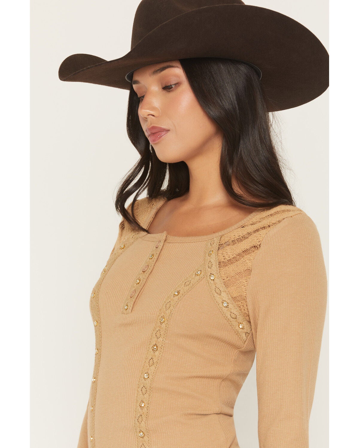 Miss Me Women's Embellished Lace Long Sleeve Shirt, Brown