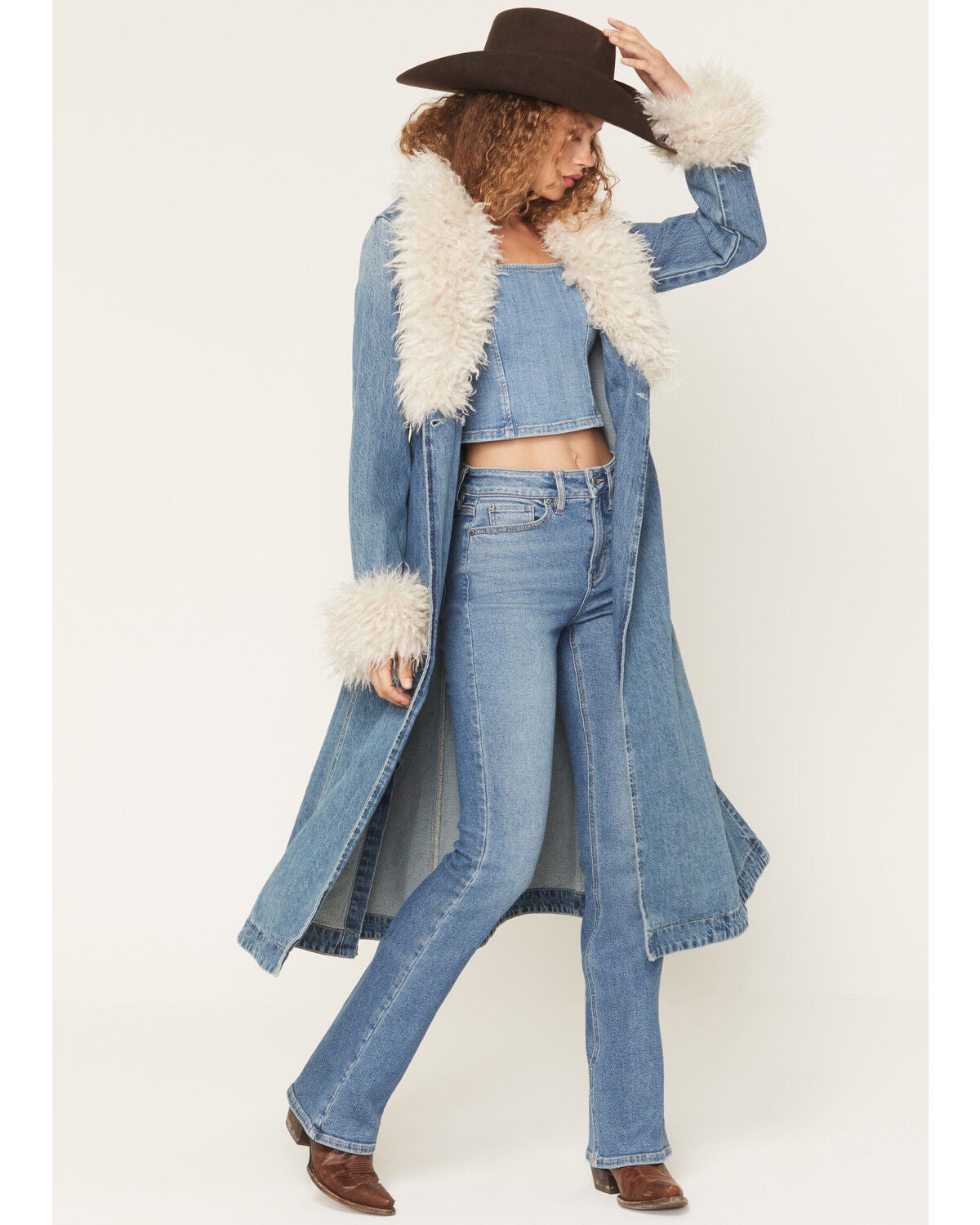 Idyllwind Women's Thistle Long Denim Fur Collar Trench Coat,