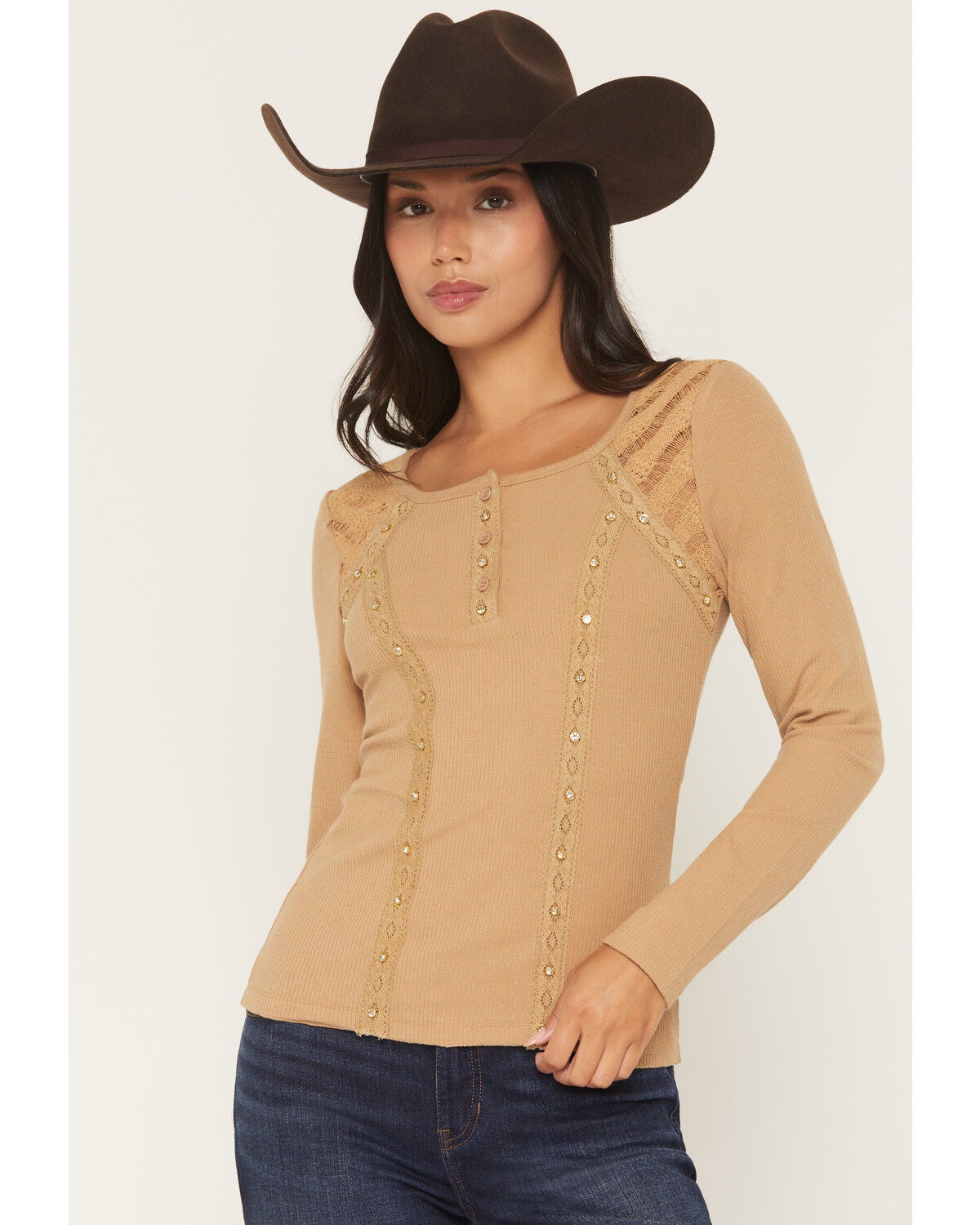Miss Me Women's Embellished Lace Long Sleeve Shirt, Brown