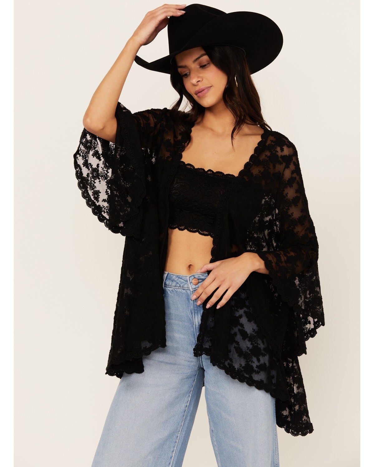 Cotton & Rye Women's Lace Kimono, Black, hi-res