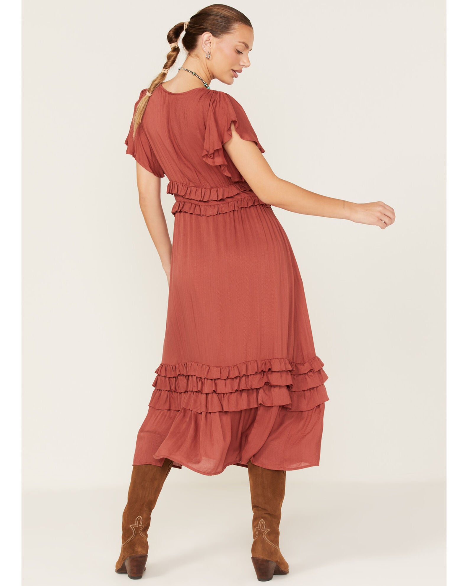 Stetson Women's Flutter Sleeve Ruffle Tier Midi Dress, Rust Copper