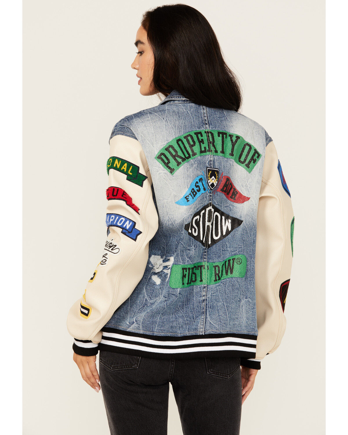 First Row Women's Light Wash Denim Varsity Jacket - Country First Row Women's Light Wash Denim Varsity Jacket - Country