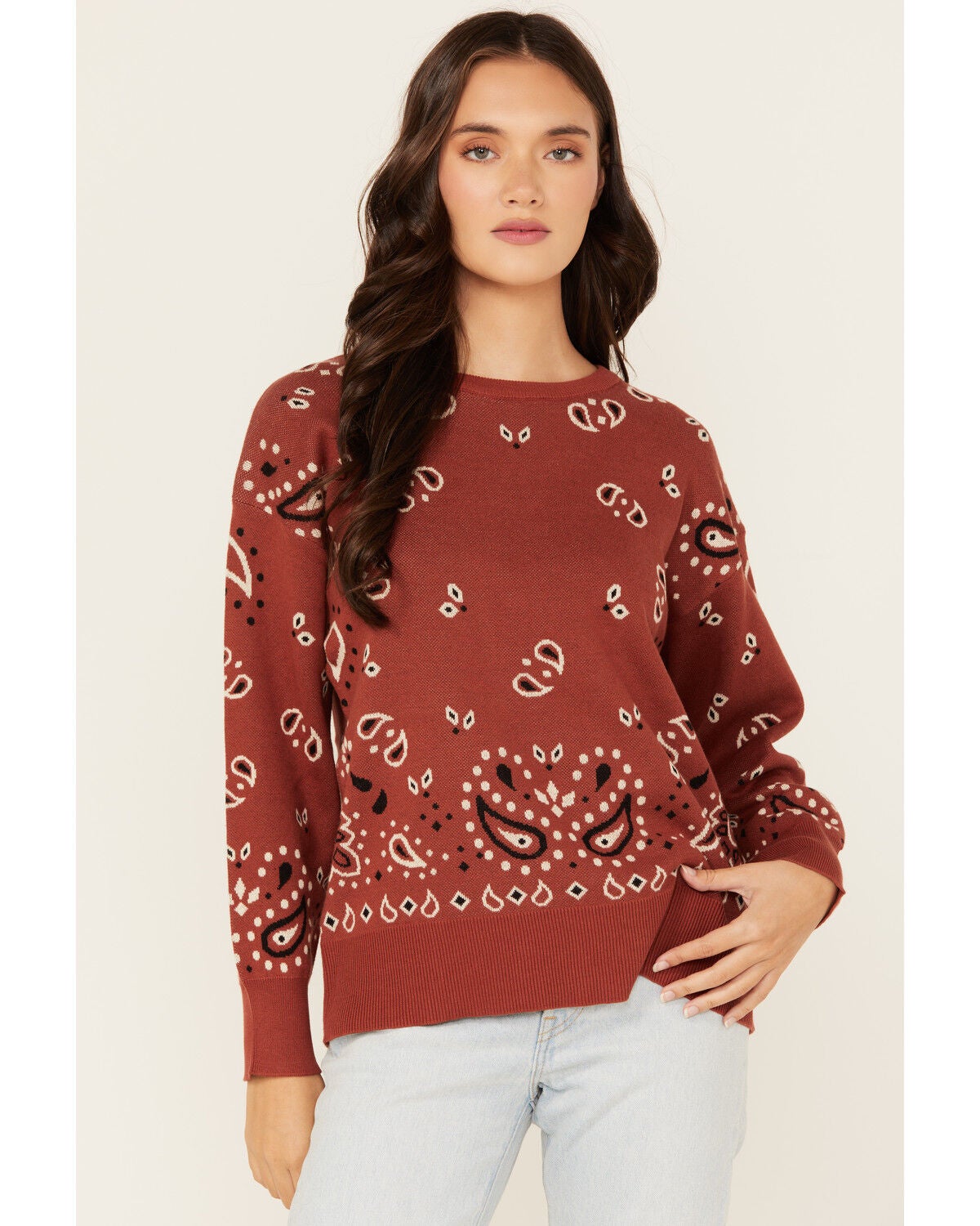 Cotton & Rye Women's Bandana Print Sweater, Rust, hi-res