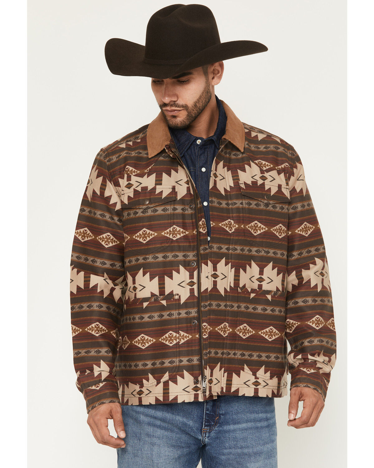 Cody James Men's FR Buck Southwestern Print Barn Coat, Dark Brown
