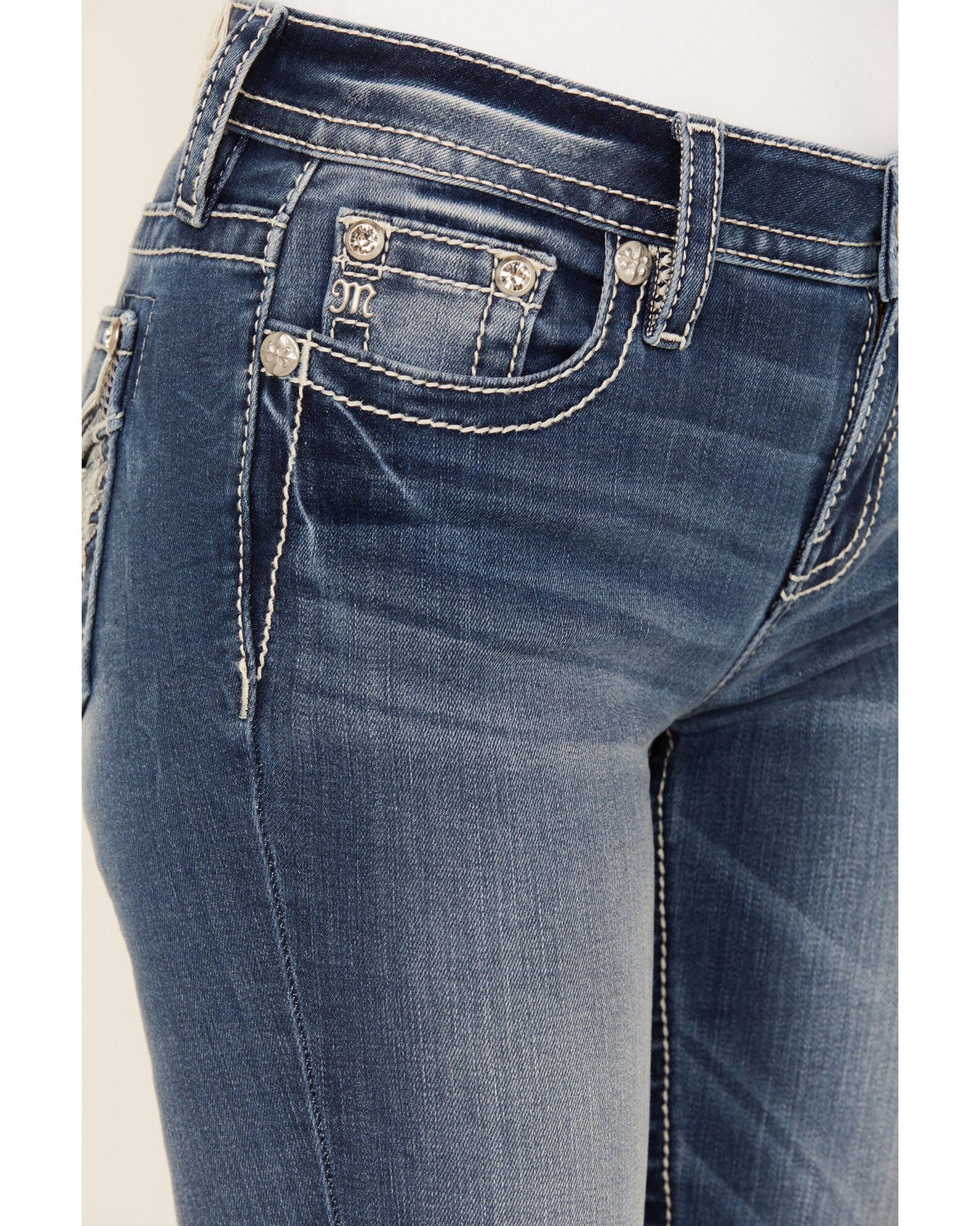 Miss Me Women's Medium Wash Mid Rise Wing Pocket Bootcut Stretch Denim ...