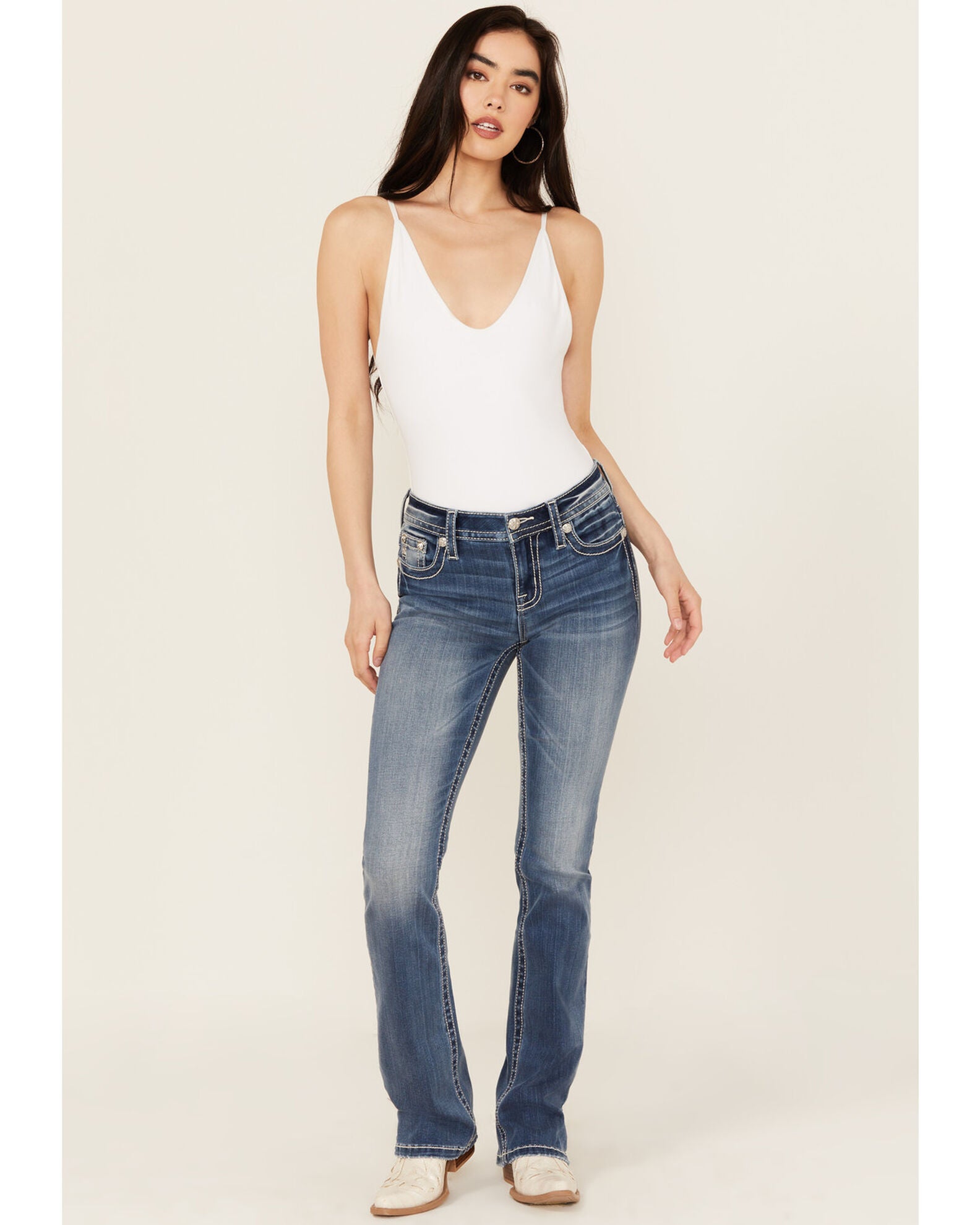 Miss Me Women's Medium Wash Mid Rise Wing Pocket Bootcut Stretch Denim ...