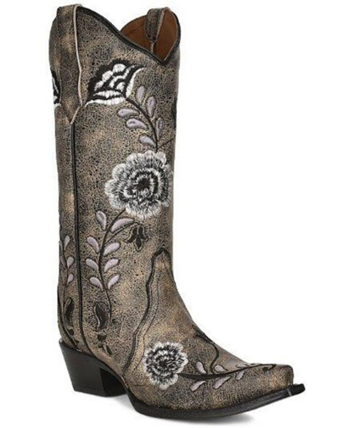 Corral Women's Floral Embroidered Western Boots - Snip Toe, Black/white