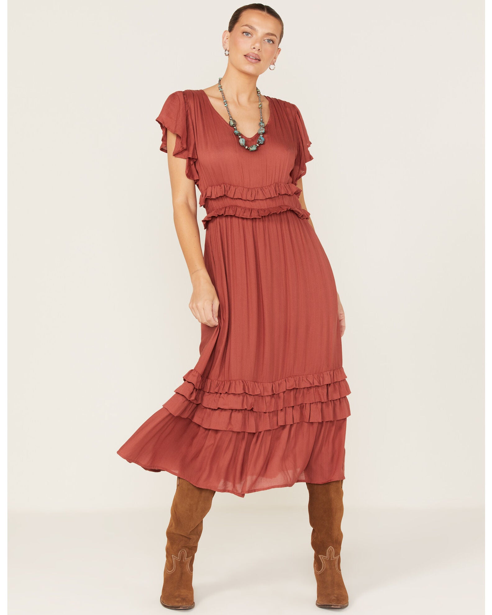 Stetson Women's Flutter Sleeve Ruffle Tier Midi Dress, Rust Copper