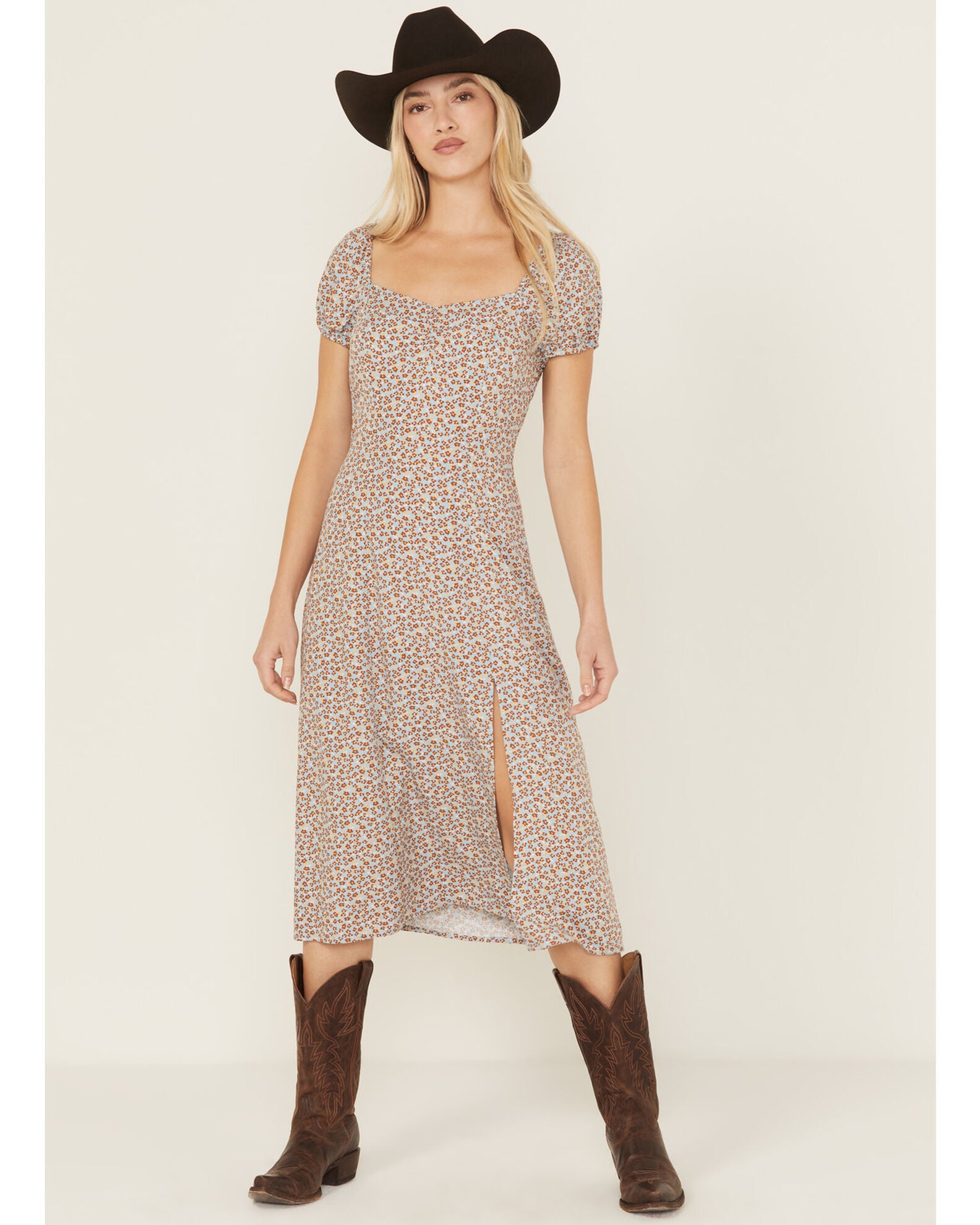 Idyllwind Women's Beth Ditsy Print Puff Sleeve Midi Dress, Caramel