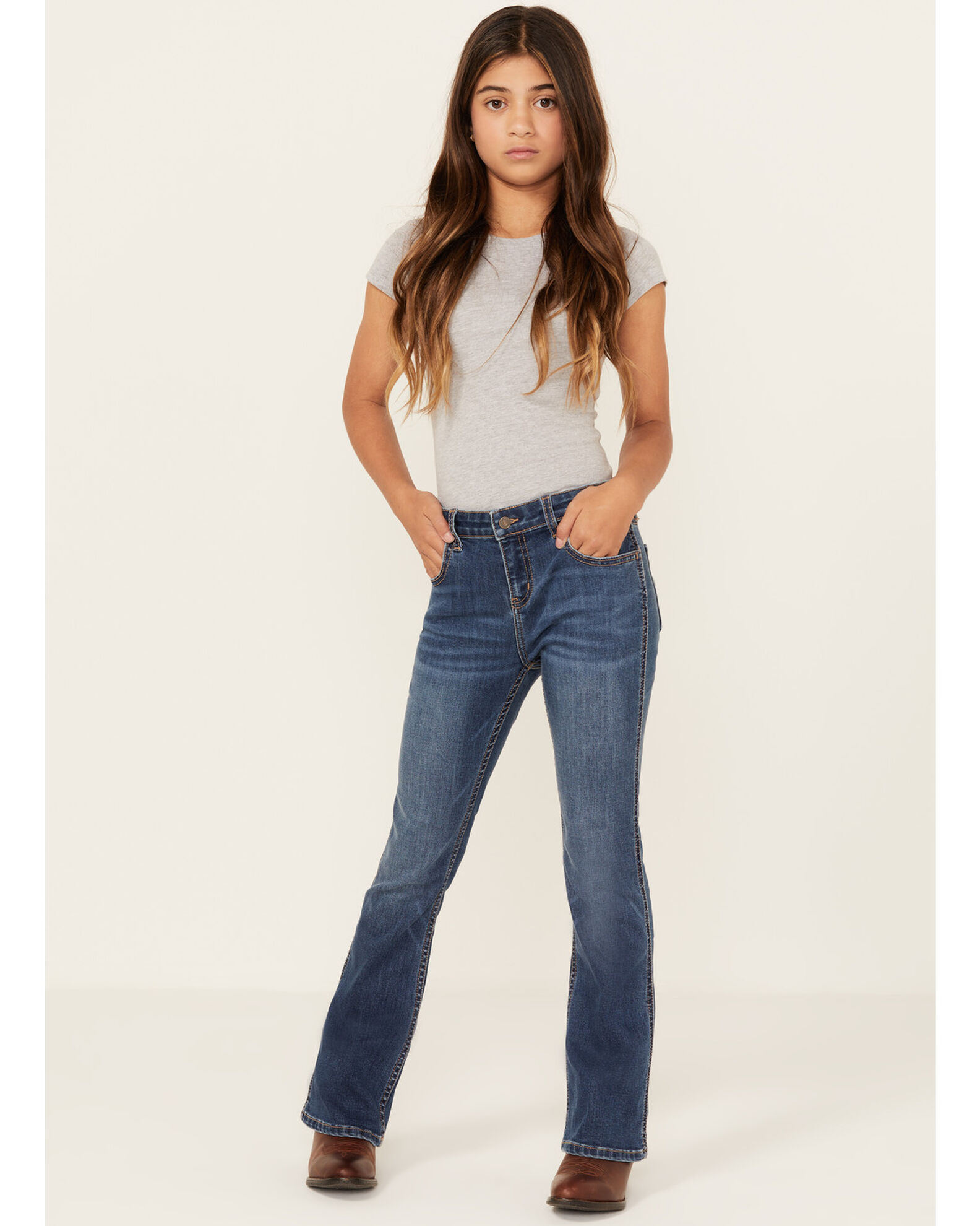 Product Name: Shyanne Girls' Maren Medium Wash Embroidered Pocket Bootcut Comfort Stretch Denim ...