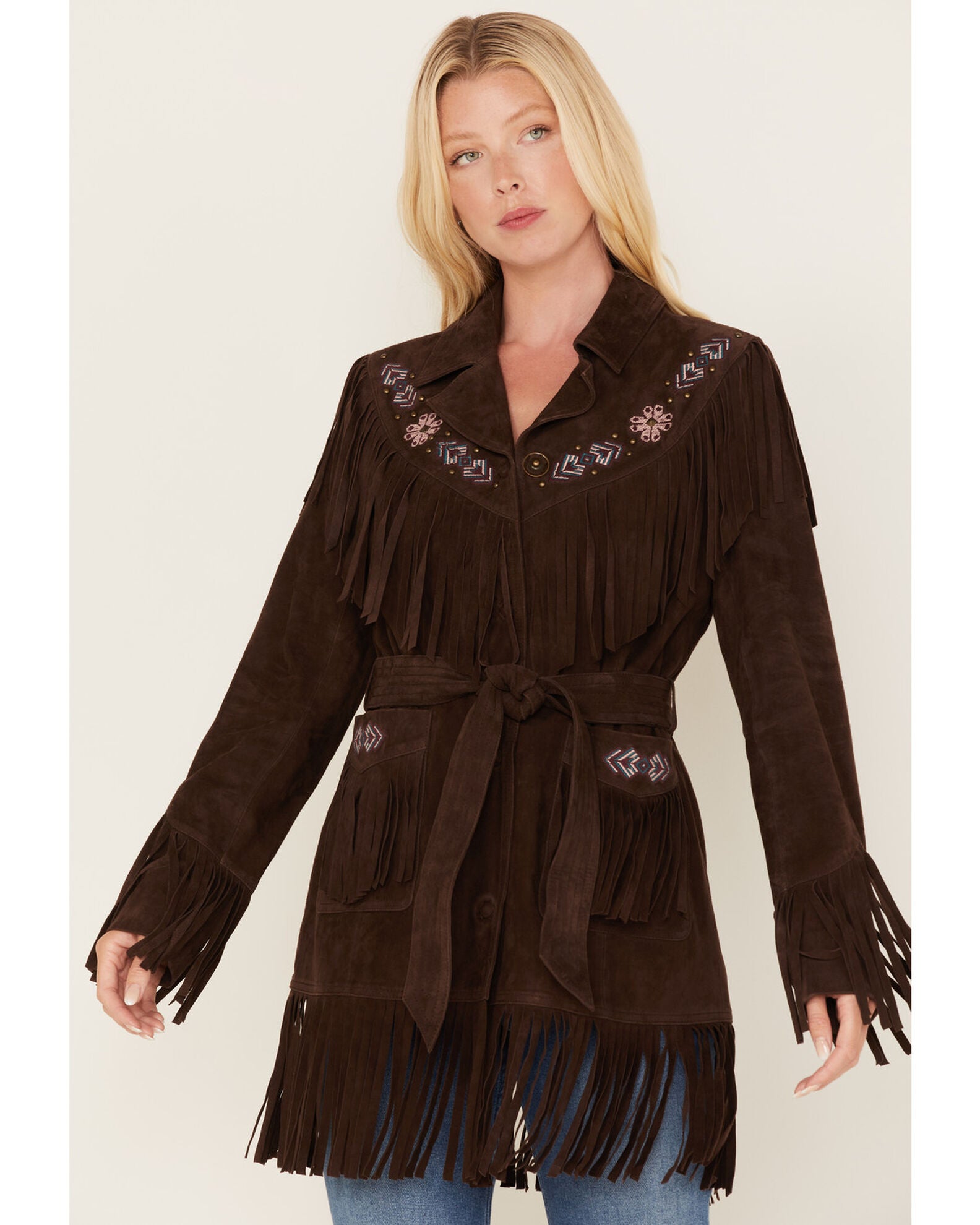 Idyllwind Women's Batavia Embroidered Fringe Suede Coat, Dark Brown