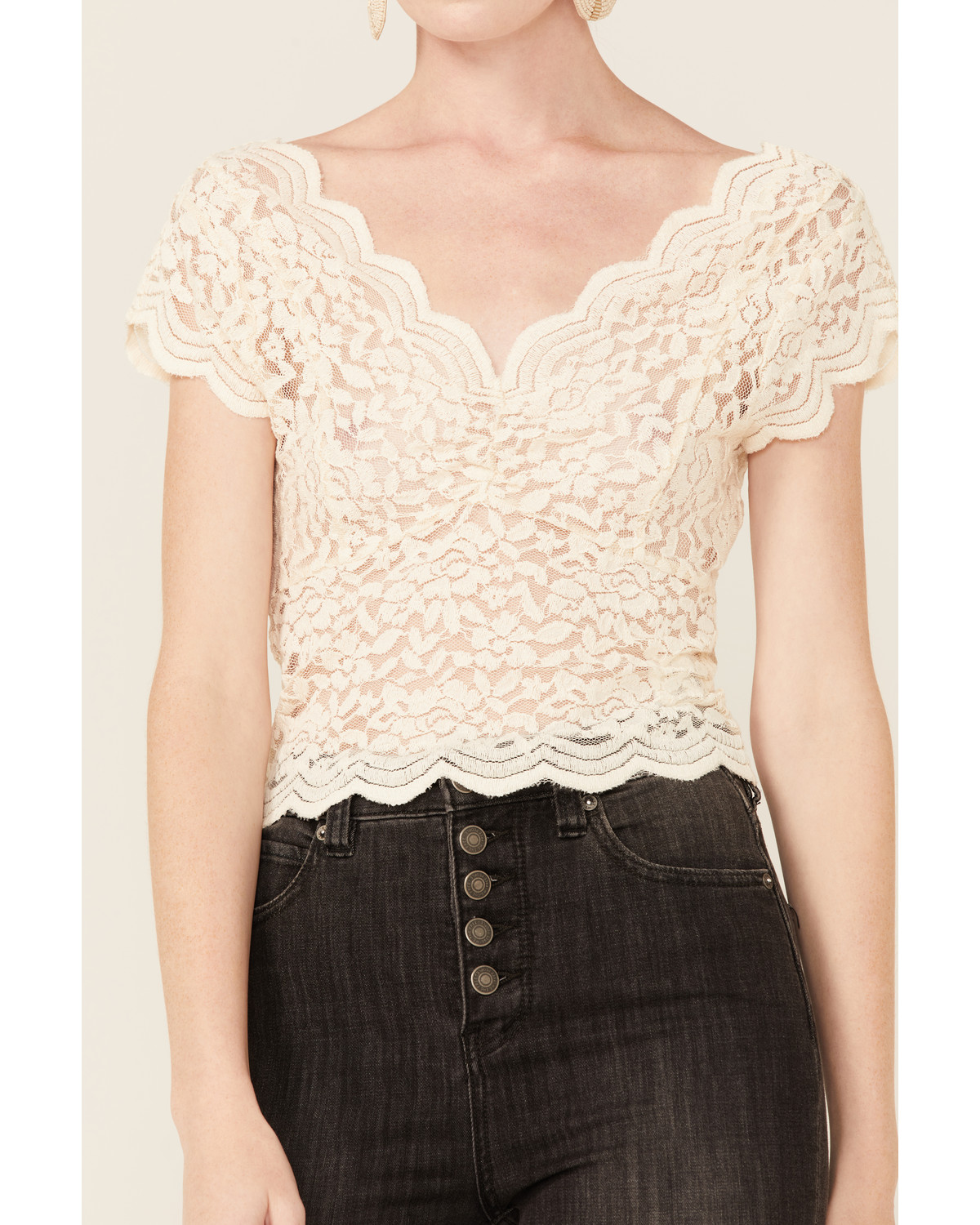 Shyanne Womens Ivory Lace Short Sleeve Crop Top Country Outfitter
